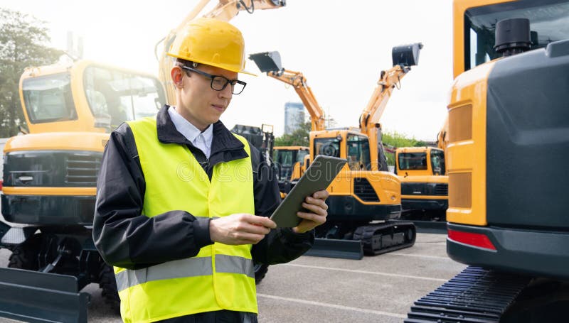 Engineer in a Helmet with a Digital Tablet Stands Next To Construction ...