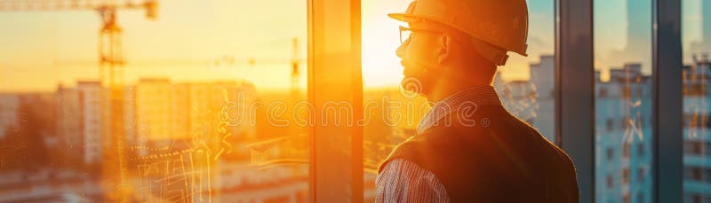 Engineer in a Helmet Looking at Construction Cranes through a Window at ...
