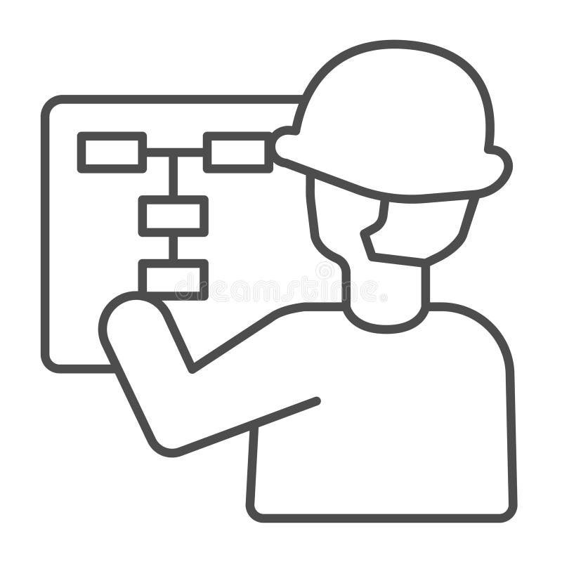 Engineer with Helmet and Schedule Paper Thin Line Icon, Making Road ...