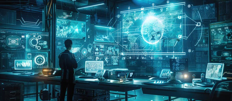 Engineer in High-Tech Lab with AI Hologram Projecting Gadgets AIG60 ...