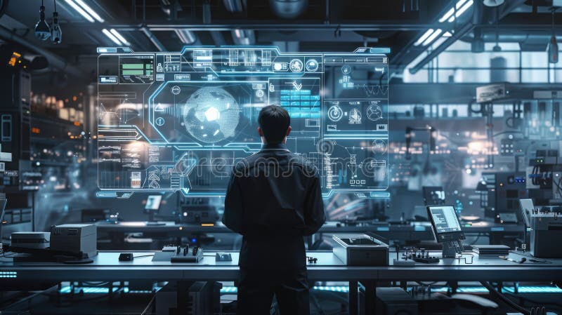 Engineer in High-Tech Lab with AI Hologram Projecting Gadgets AIG60 ...