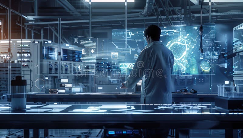 Engineer in High-Tech Lab with AI Hologram Projecting Gadgets AIG60 ...