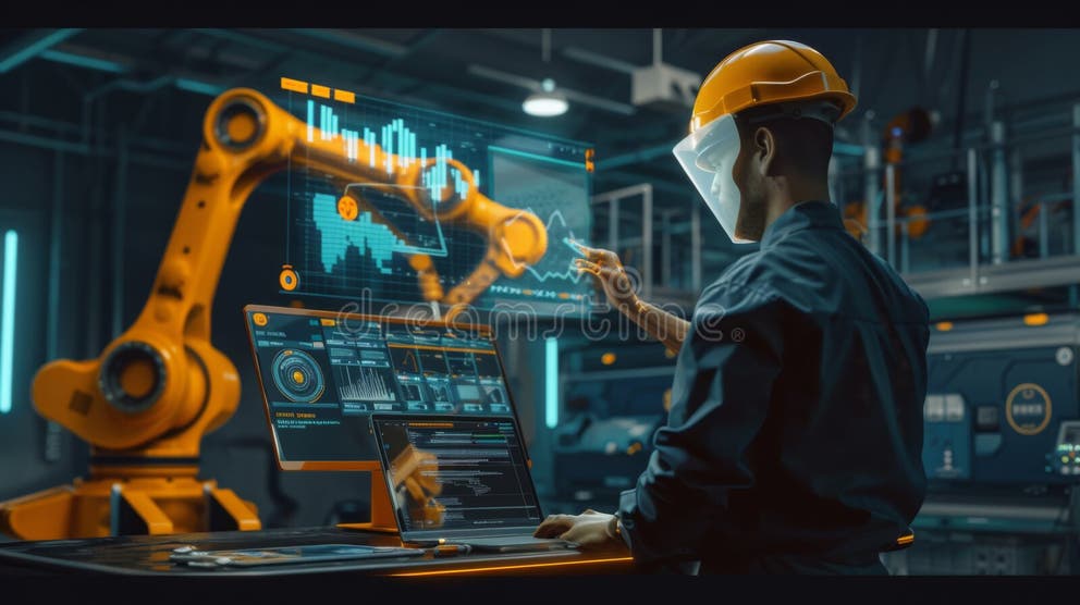 An Engineer in a High-tech Manufacturing Setting is Programming or Operating Advanced Automated ...