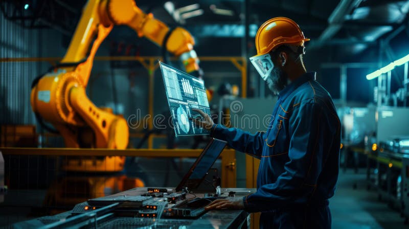 An Engineer in a High-tech Manufacturing Setting is Programming or Operating Advanced Automated ...