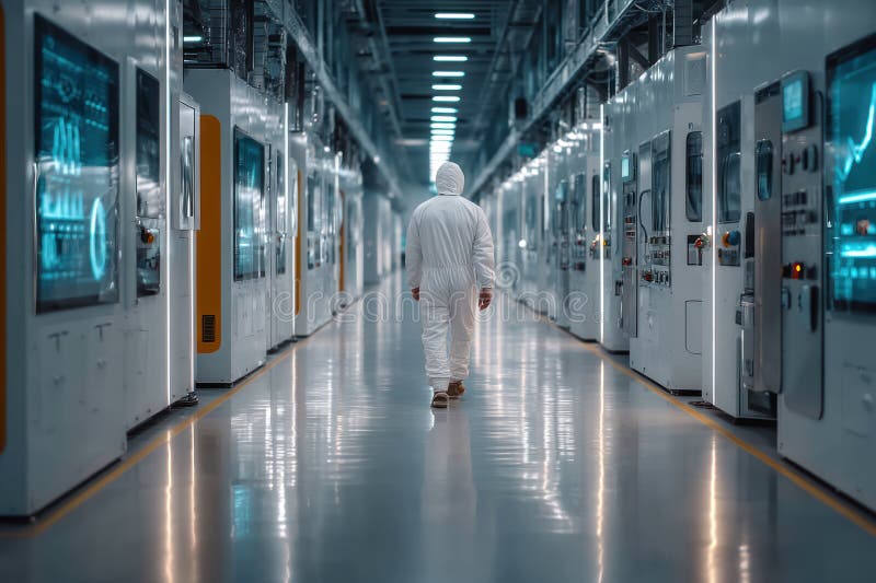 Engineer in High Tech Uniform Walking through Corridor of Advanced ...