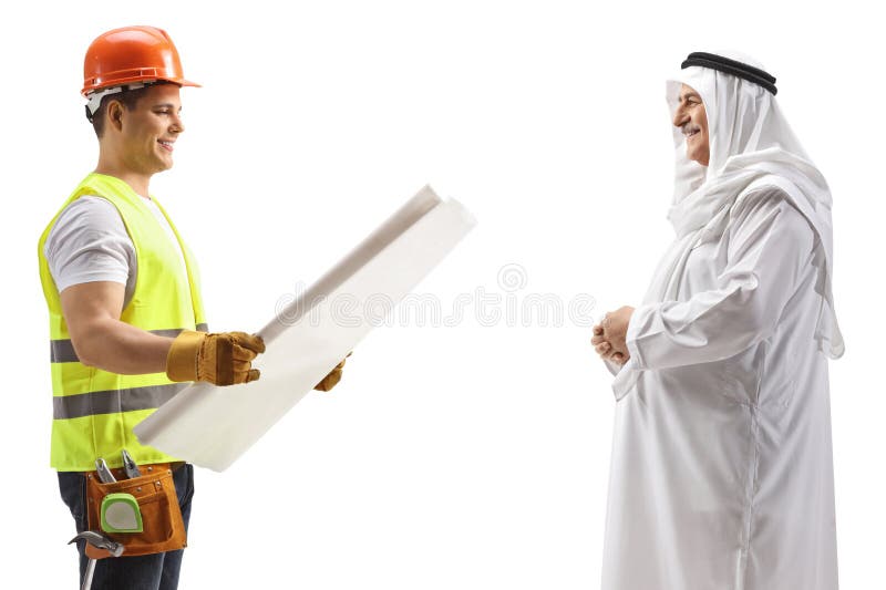 Engineer Holding a Blueprint and Talking To an Arab Man Stock Photo ...