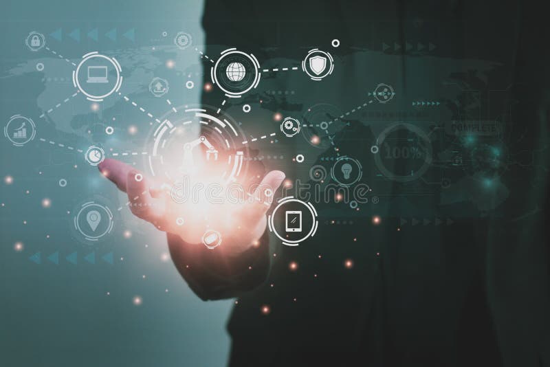 Engineer Holding Digital Network Icon,control Automated Robot Arm ...