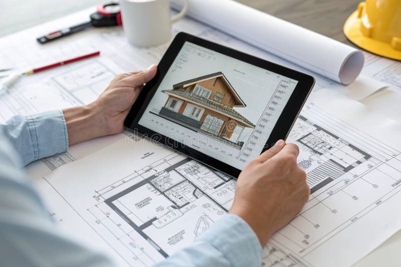 Engineer Holding Digital Tablet for House Construction Planning Stock ...