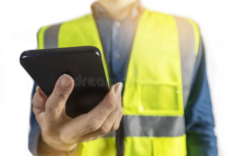Engineer Holding Mobile Phone To View Work Data and Check Work Stock ...
