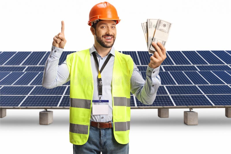 Engineer Holding Money and Pointing Up at a Solar Farm Stock Image ...