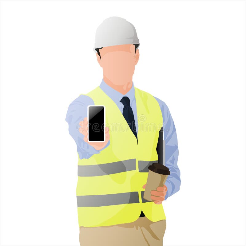 Engineer Holding Smartphone with Blank Screen and Coffee Cup Isolated ...