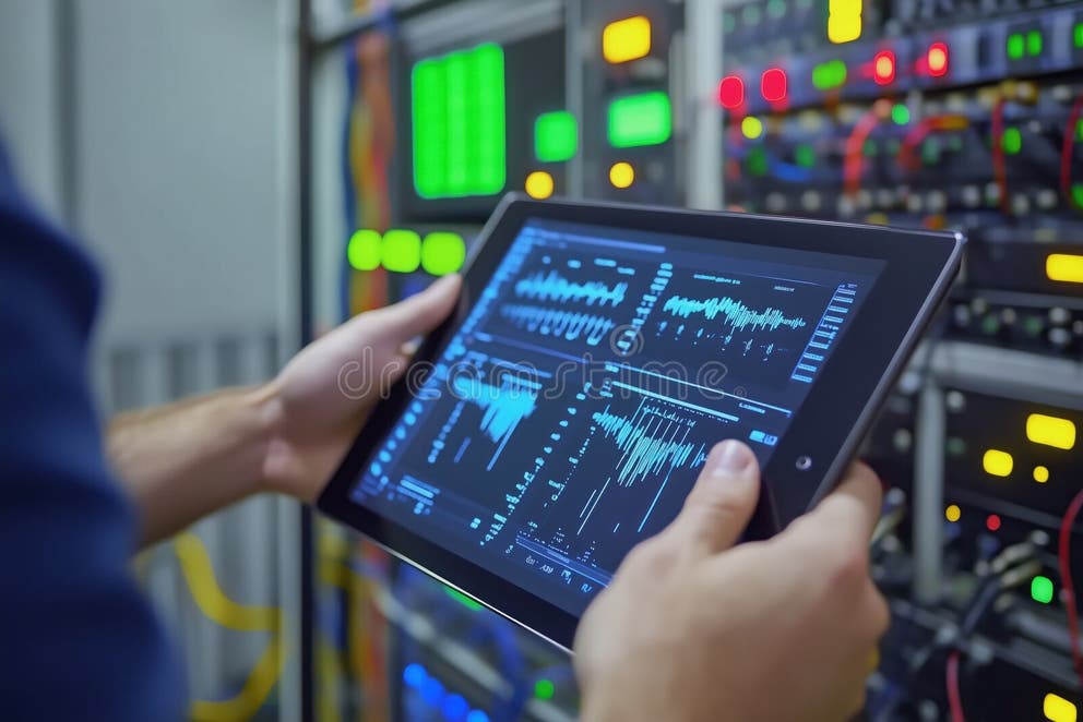 It Engineer Holding Tablet Analyzing Big Data Flowing on Screen in Data ...