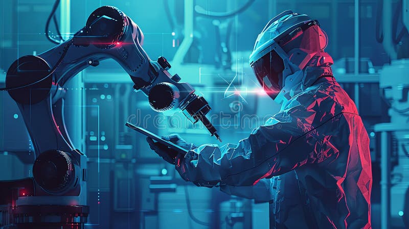 Engineer Holding Tablet and Controlling Robotic Arm and Robotic Tool ...