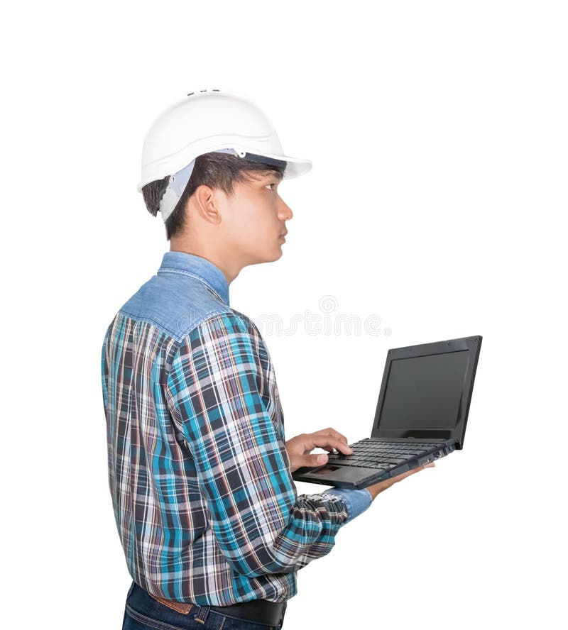 Engineer while Holding Using Laptop and Head Wear White Safety Helmet ...