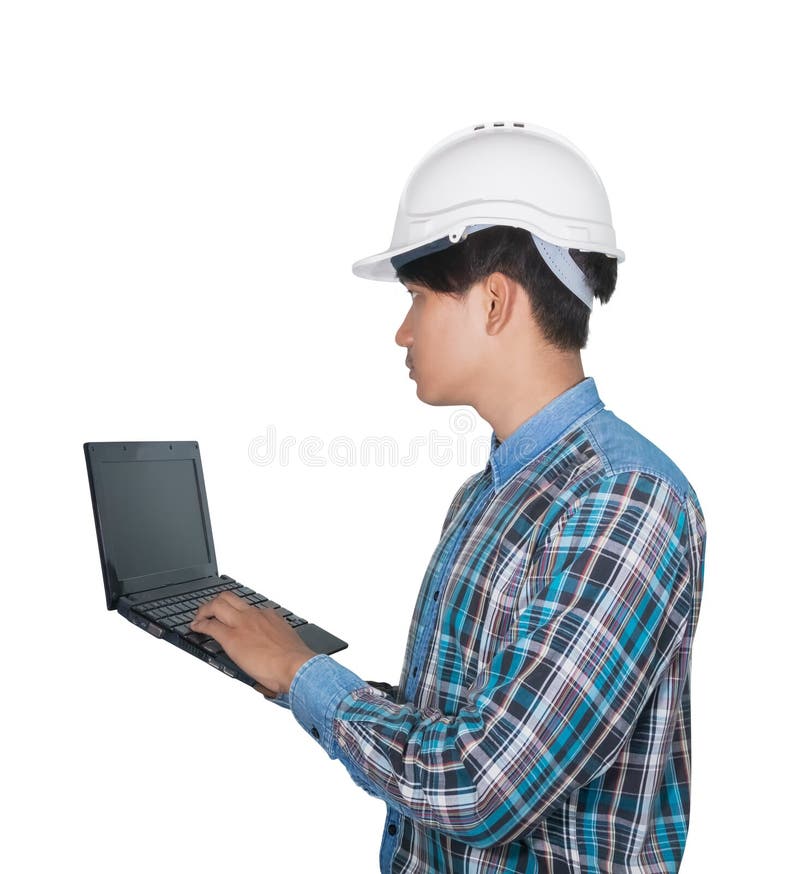 Engineer while Holding Using Laptop and Head Wear White Safety Helmet ...