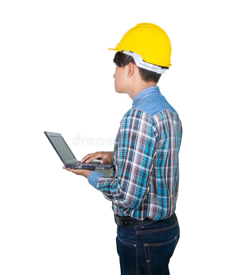 Engineer while Holding Using Laptop and Head Wear Yellow Safety Helmet ...