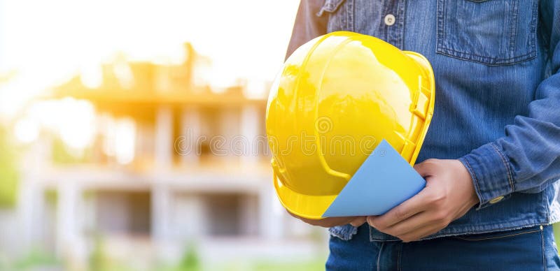 Engineer Holding Yellow Helmet and Blueprints at Construction Site ...