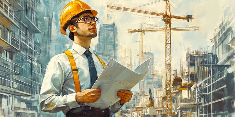 Sharp-minded Engineer Gripping Helmet and Blueprint while Supervising ...