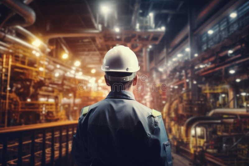 Engineer in Industrial Factory, View from the Back Stock Illustration ...