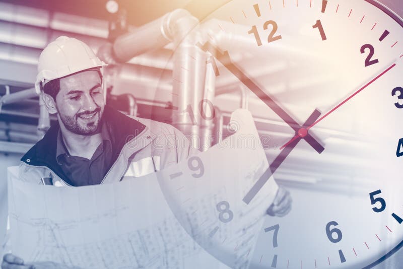 Engineer Industry Worker with Blueprint Overlay with Time Clock for ...
