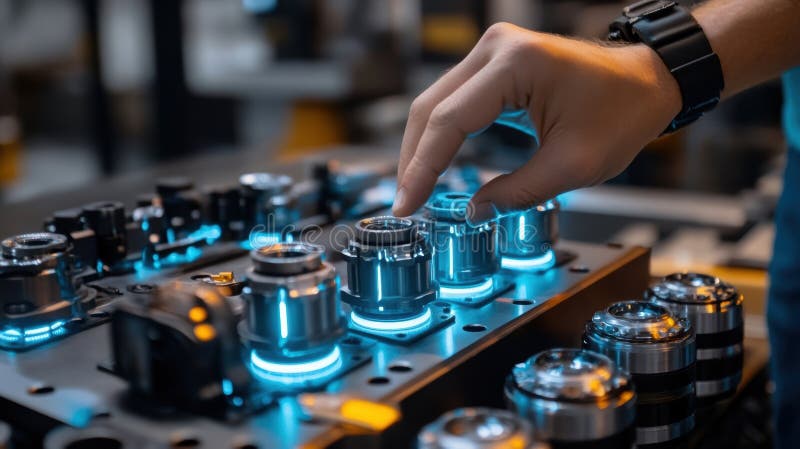 Engineer Inspecting Components on an Illuminated Panel in a ...