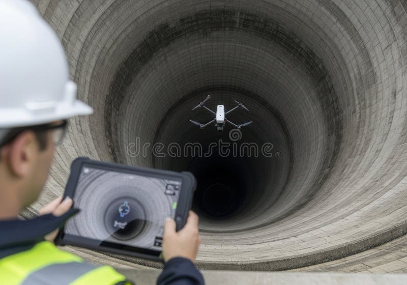 Engineer Inspecting Cooling Tower Using Drone Technology for Concrete ...
