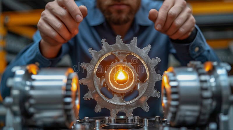 Engineer Inspecting Glowing Gear in a High-tech Mechanical Setup Stock ...