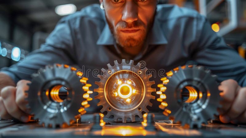 Engineer Inspecting Illuminated Gears Close-Up Stock Illustration ...