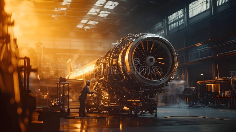 Engineer Inspecting Large Jet Engine in Industrial Facility with ...