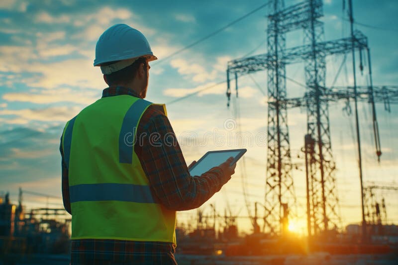 Engineer Inspecting Power Grid at Sunset Using Tablet Thoughtful ...
