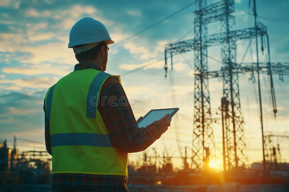 Engineer Inspecting Power Grid at Sunset Using Tablet Thoughtful ...