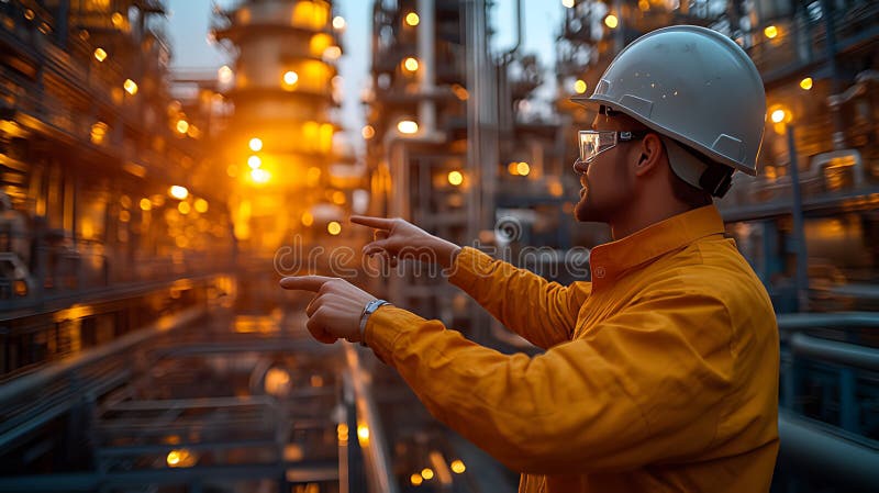 Engineer Inspecting Refinery at Night, Pointing Stock Illustration ...