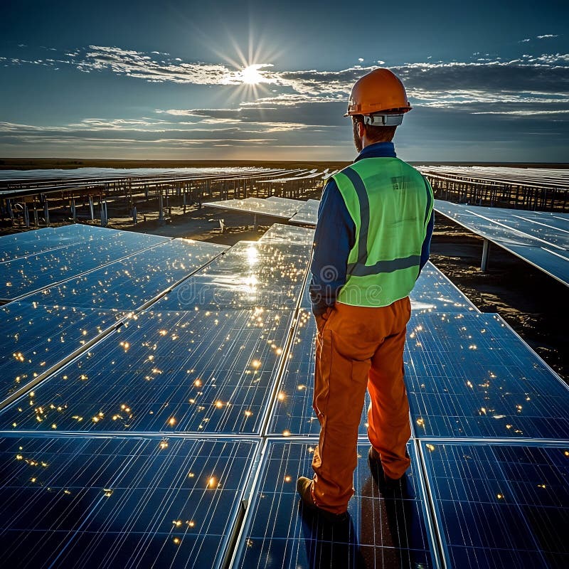 Engineer Inspecting Solar Farm Construction Site Against Dramatic ...