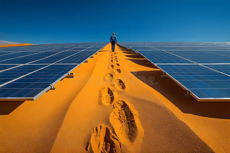 Engineer Inspecting Solar Panels in the Desert, Leaving Footprints in ...