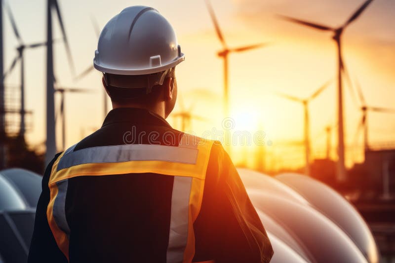 Engineer Inspecting Solar Panels and Wind Turbines at Sunset for ...