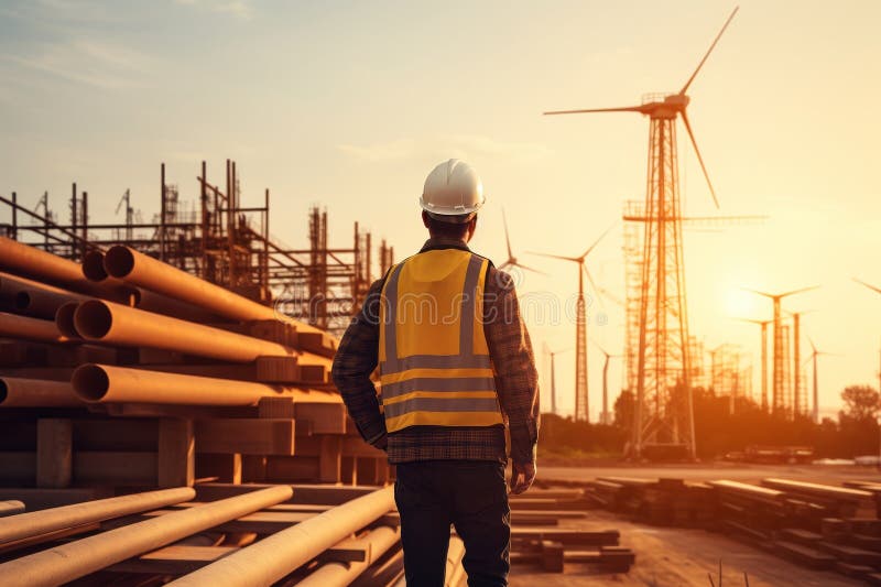 Engineer Inspecting Solar Panels and Wind Turbines at Sunset for ...