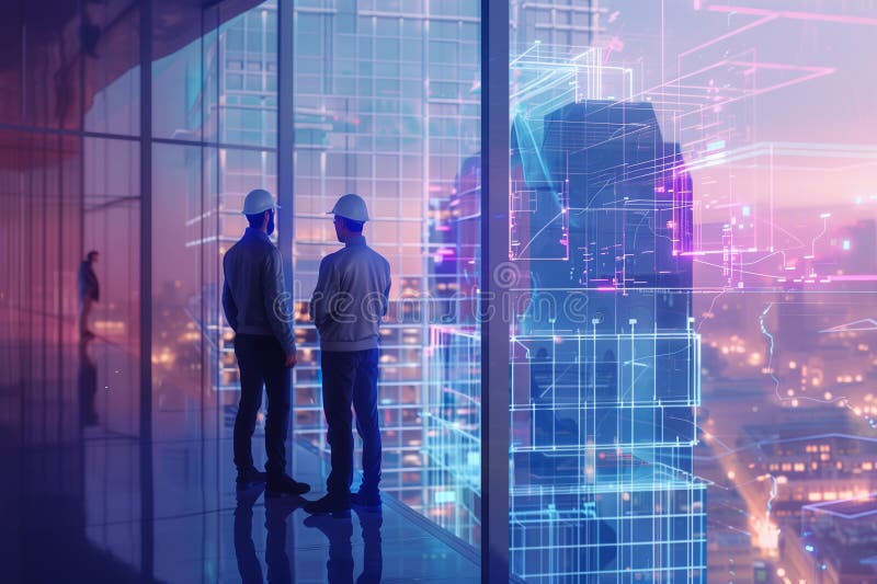 Engineer Inspecting on Visualization Blue Wireframe Urban Planning ...