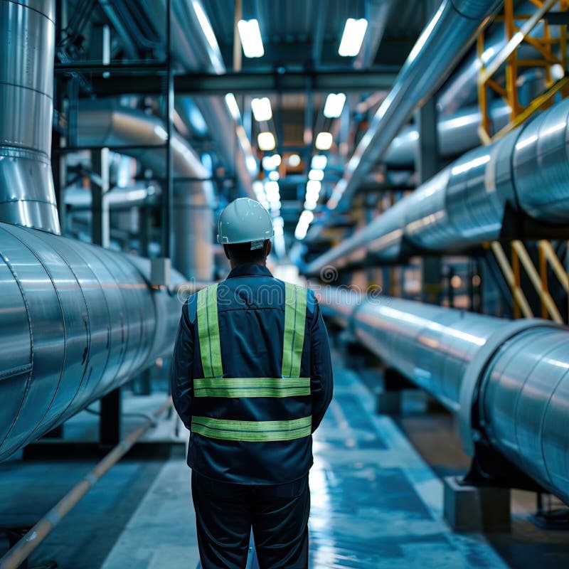 Engineer Inspects Complex Piping Focus on Industrial Safety Stock ...