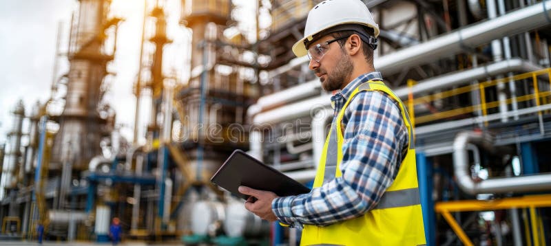 Engineer Inspects Data at Oil Refinery Under Dynamic Sky and Industrial ...