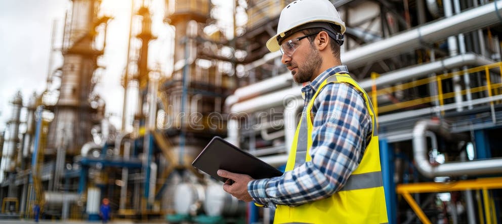 Engineer Inspects Data at Oil Refinery Under Dynamic Sky and Industrial Backdrop. Stock ...