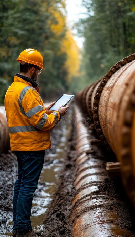 Engineer Inspects Large Industrial Pipe Installation during ...
