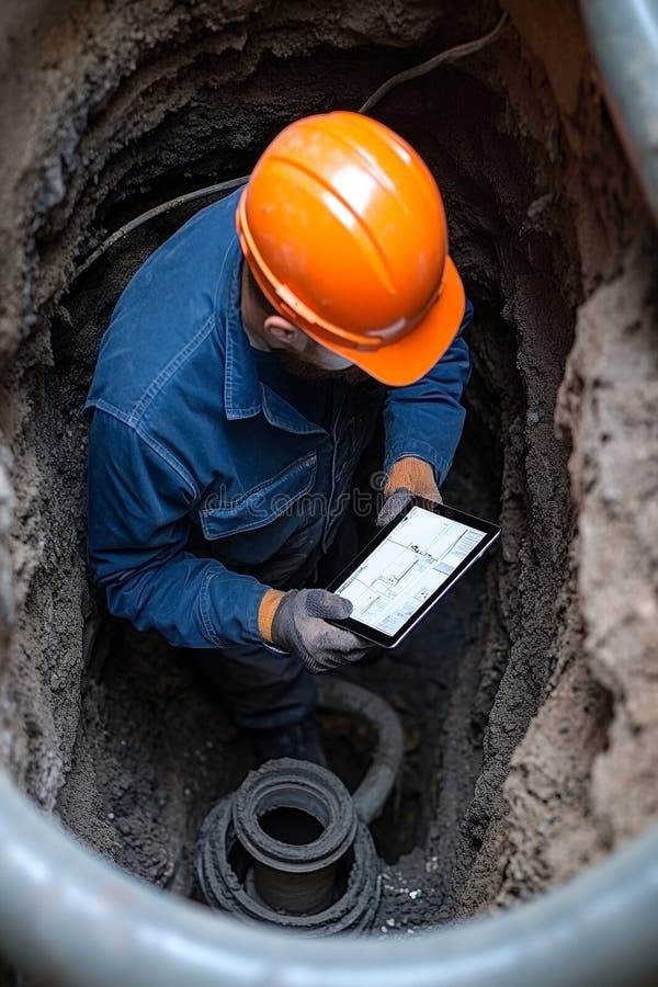 Engineer Inspects Underground Pipe Installation with Digital Tablet ...