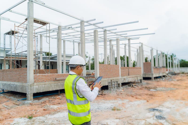 The Engineer Inspects the Village Project House Structure through a ...