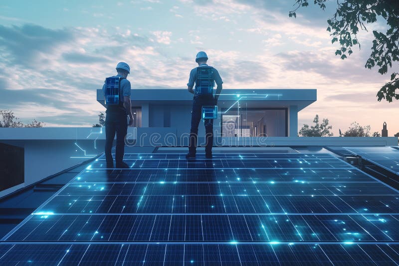 Engineer Install Futuristic Solar Panel on Modern House. Renewable Energy Source Clean Energy ...