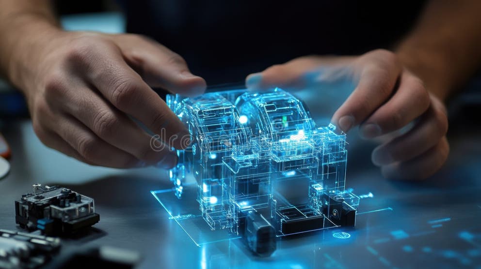 Engineer Interacting with Futuristic Holographic Projection of Engine Component Stock ...