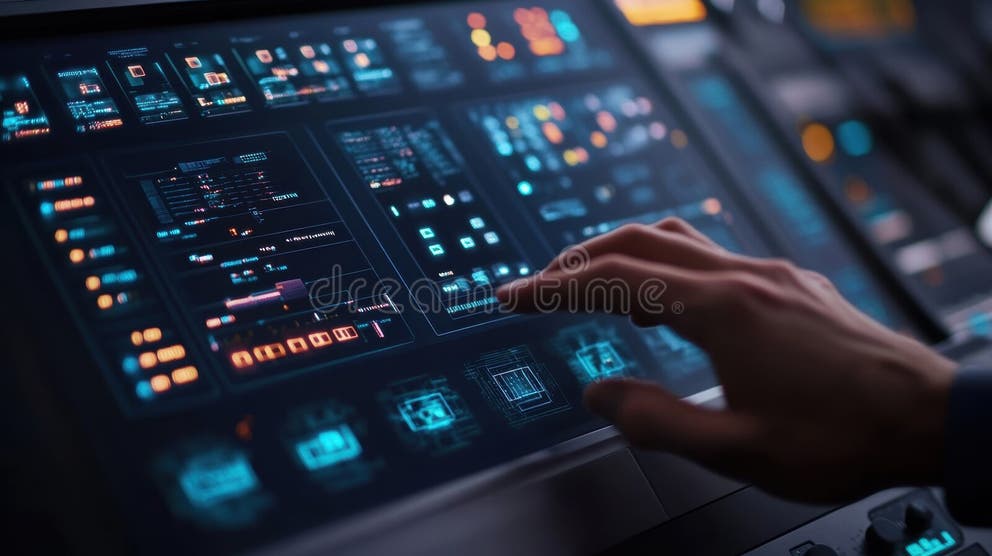 Engineer Operating Futuristic Touchscreen Control Panel in Advanced ...
