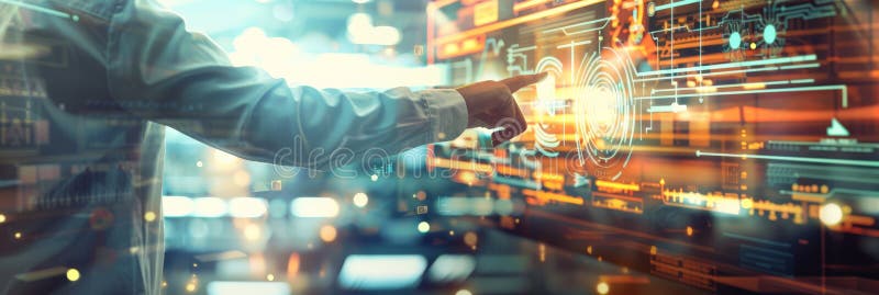 Engineer Interacting with High-tech Touchscreen Interface in Industrial ...