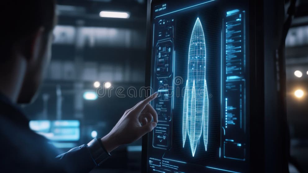 Engineer Interacting with a Large Holographic Touchscreen Displaying a ...