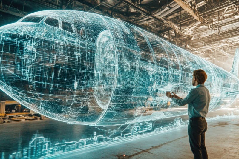 Engineer Interacts with Holographic Airplane Blueprint in Industrial ...
