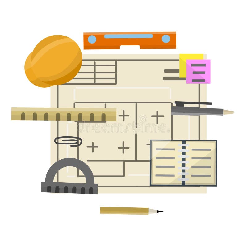 Engineer Kit. Drawing Plan of Building Stock Vector - Illustration of ...